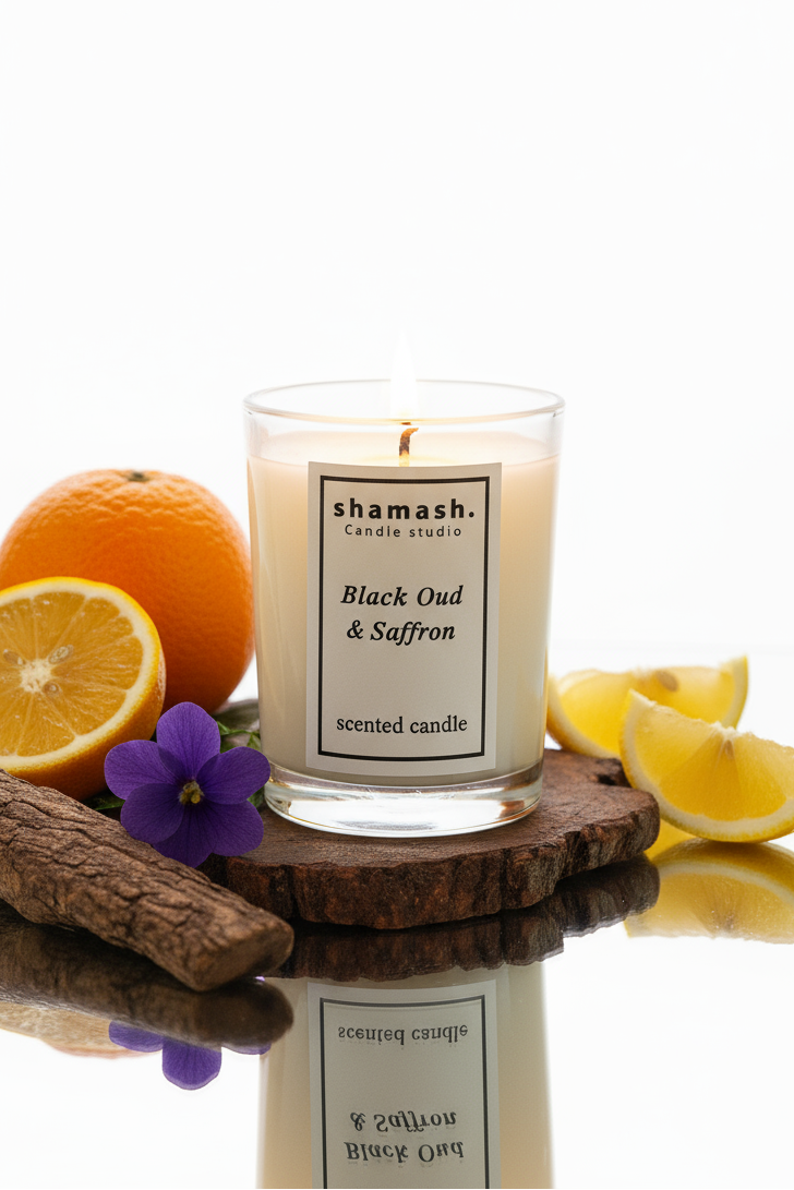 Black Oud & Saffron Candle – Bold, Spiced Floral Scent – Shamash